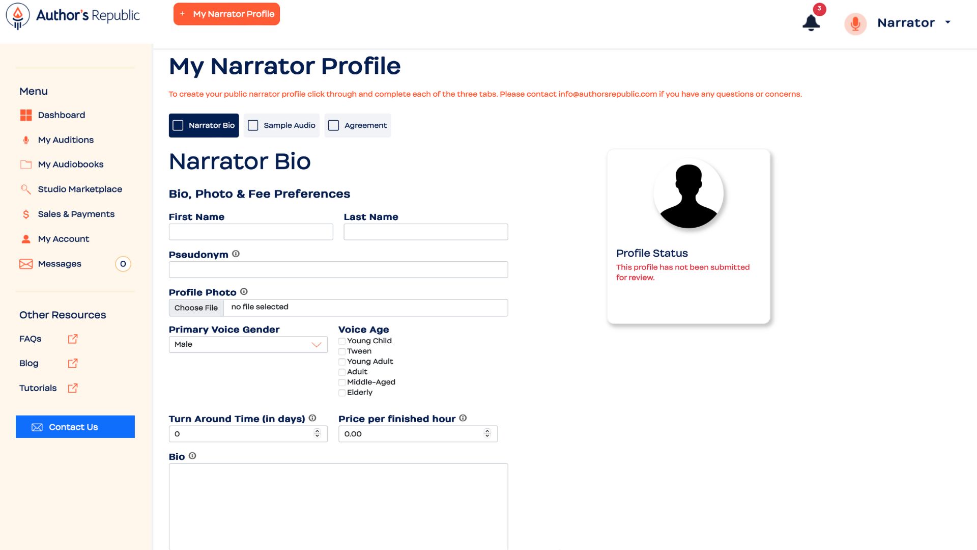 My Narrator Profile > Narrator Bio Tab – Author's Republic