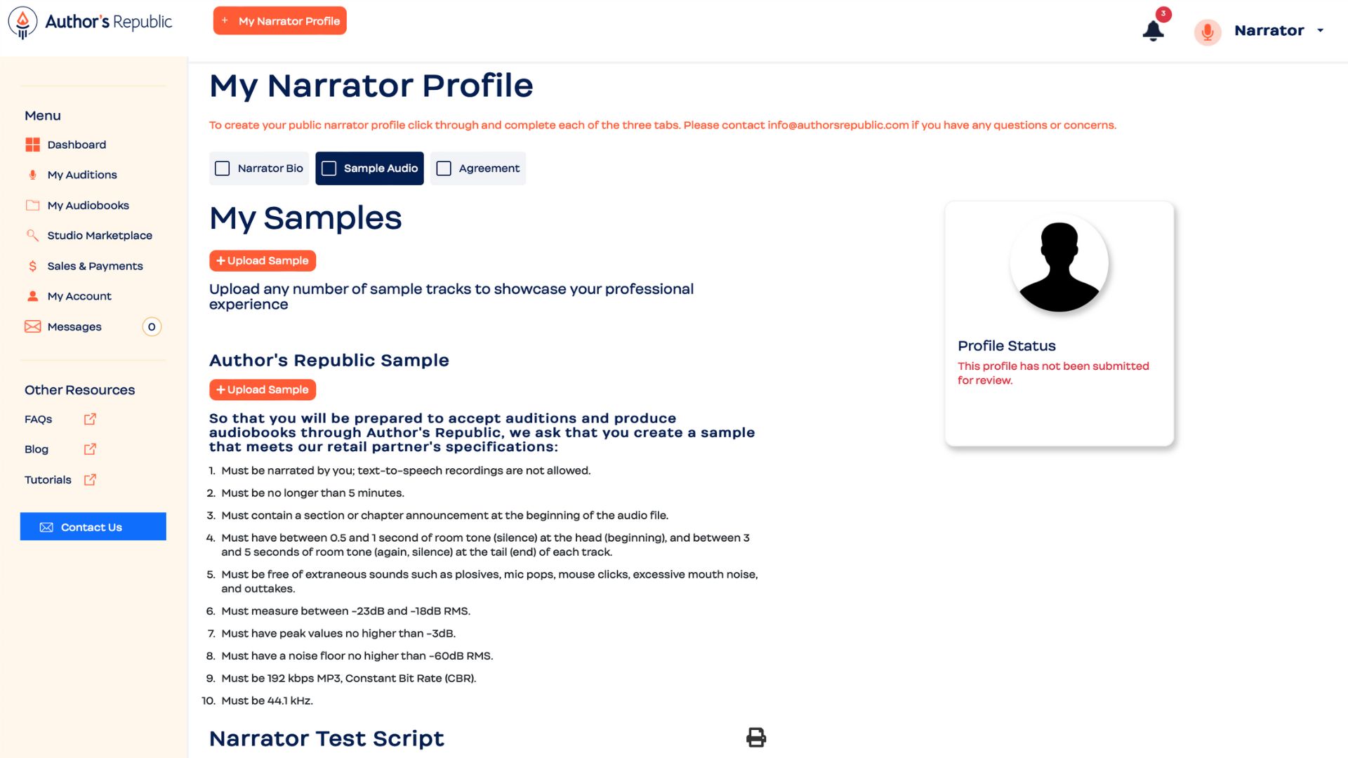 My Narrator Profile > Sample Audio Tab – Author's Republic