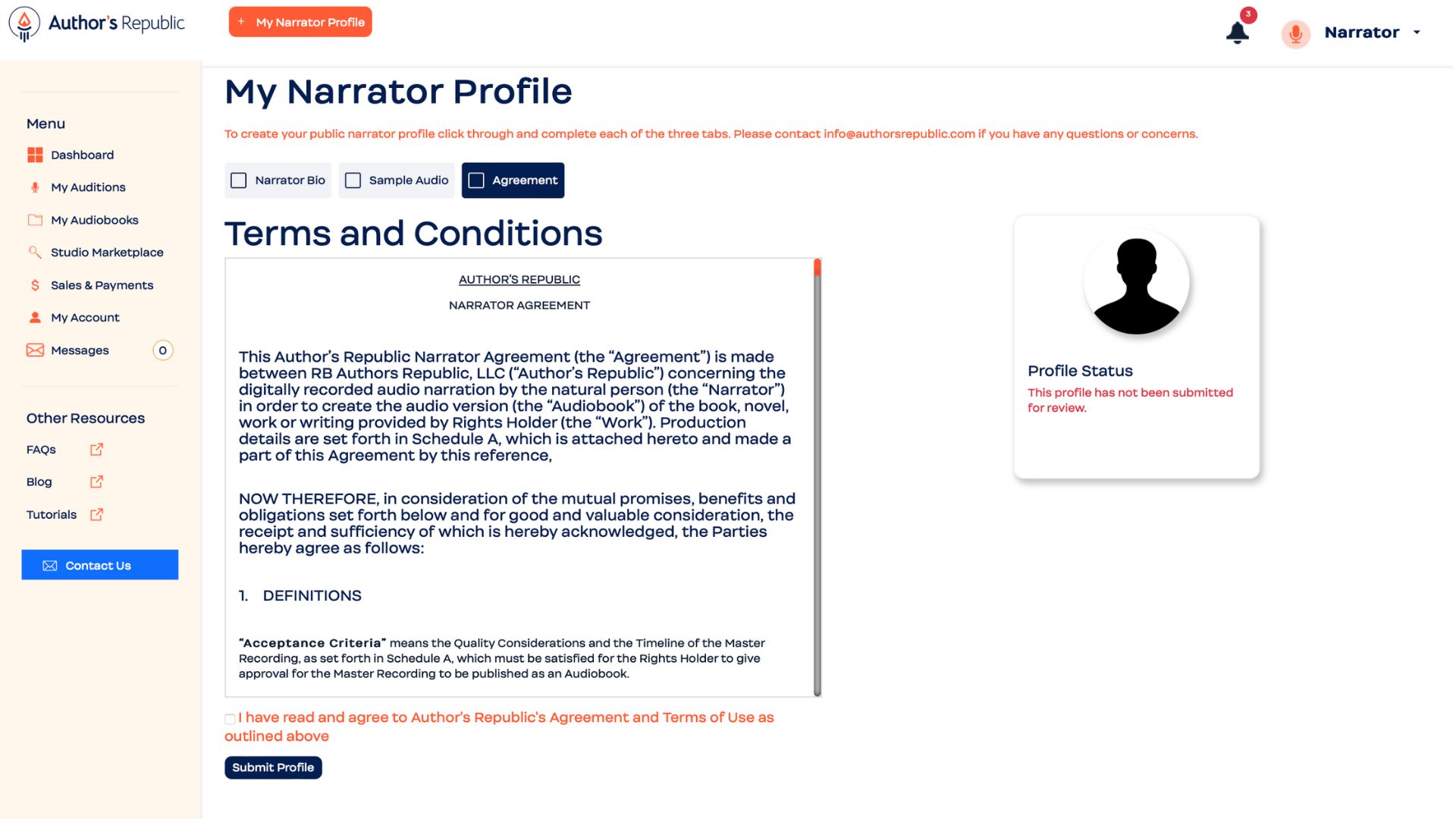 My Narrator Profile > Agreement Tab – Author's Republic