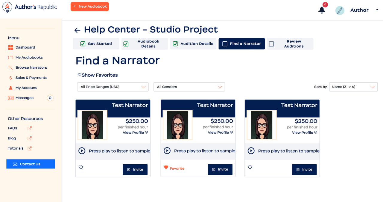 Studio Project > Find a Narrator – Author's Republic